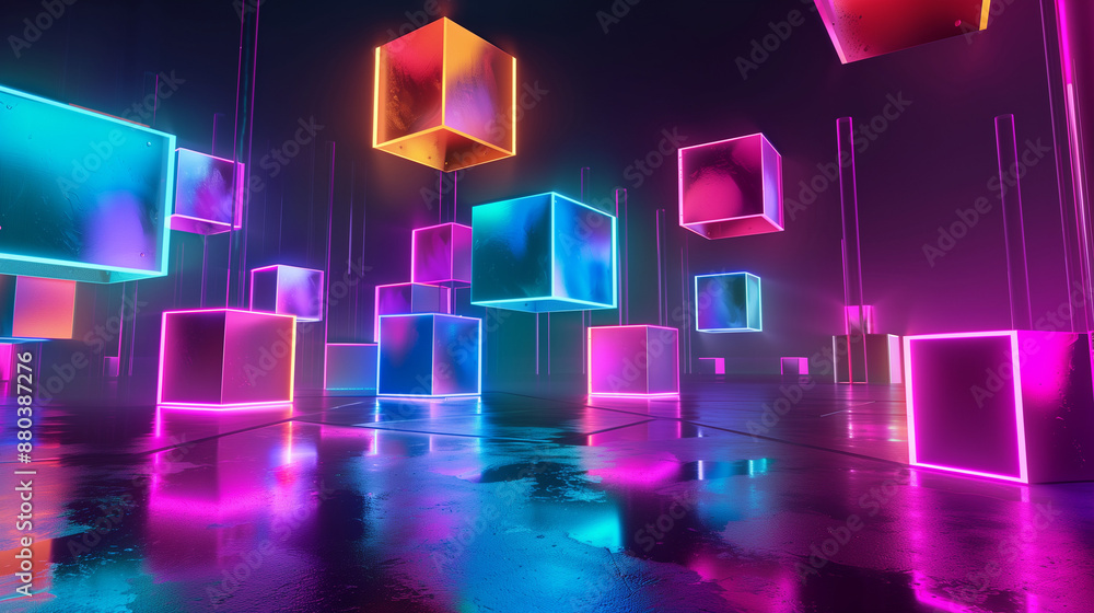 The 3D image presents floating boxes whose design has been enriched ...