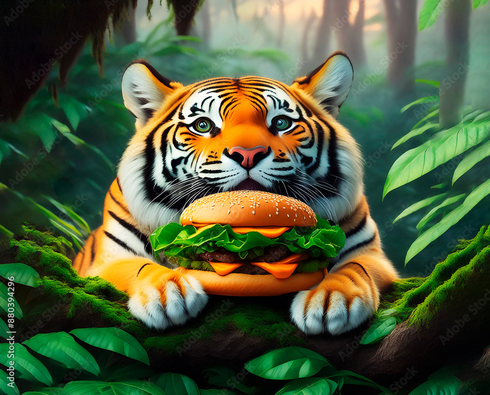 cute tiger hold tasty and nourishing hamburger in its mouth tiger in ...