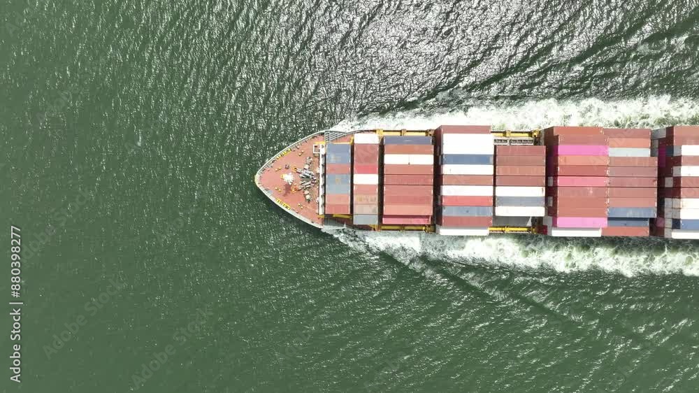 Large container ship at sea. Top down view. Aerial top view of cargo ...