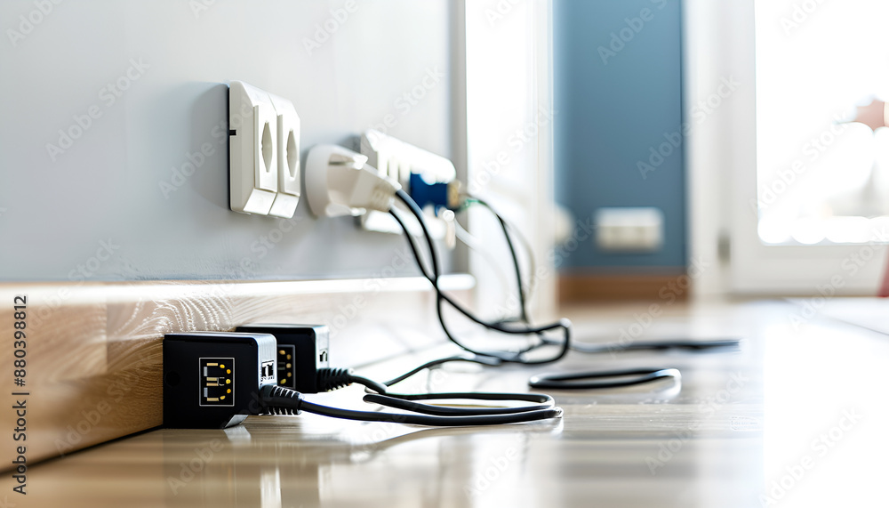 Different electrical plugs in socket and power strip on floor indoors ...