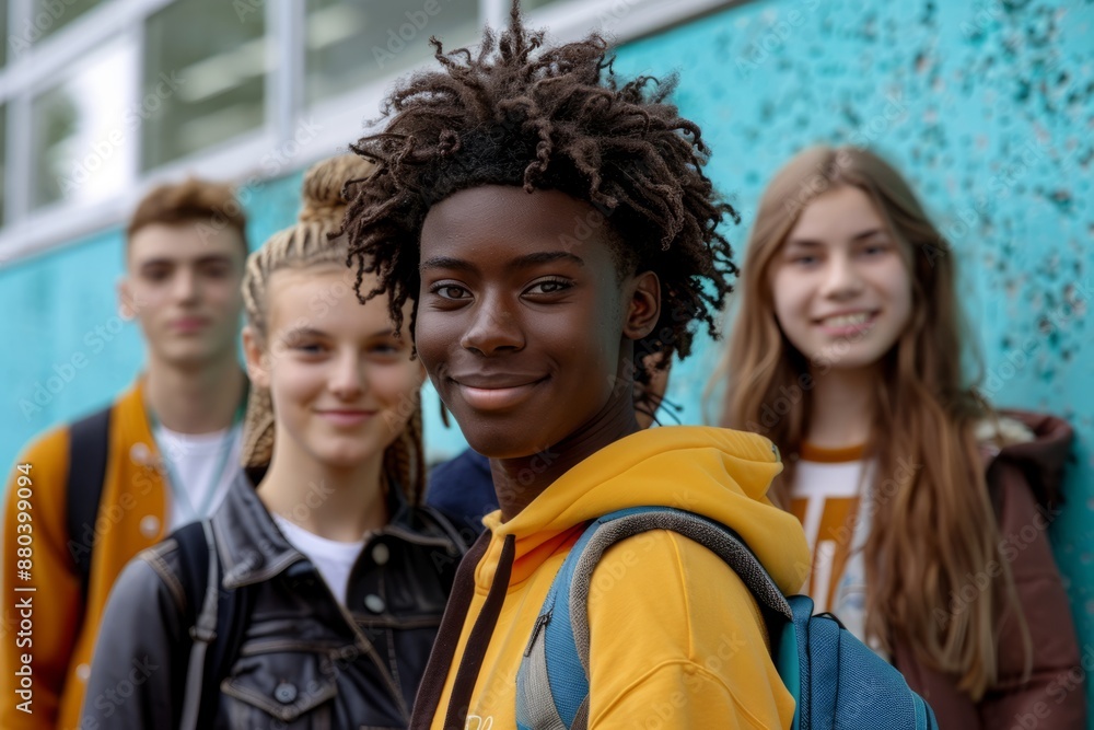 College students of different races stand together on a blue wall - a ...