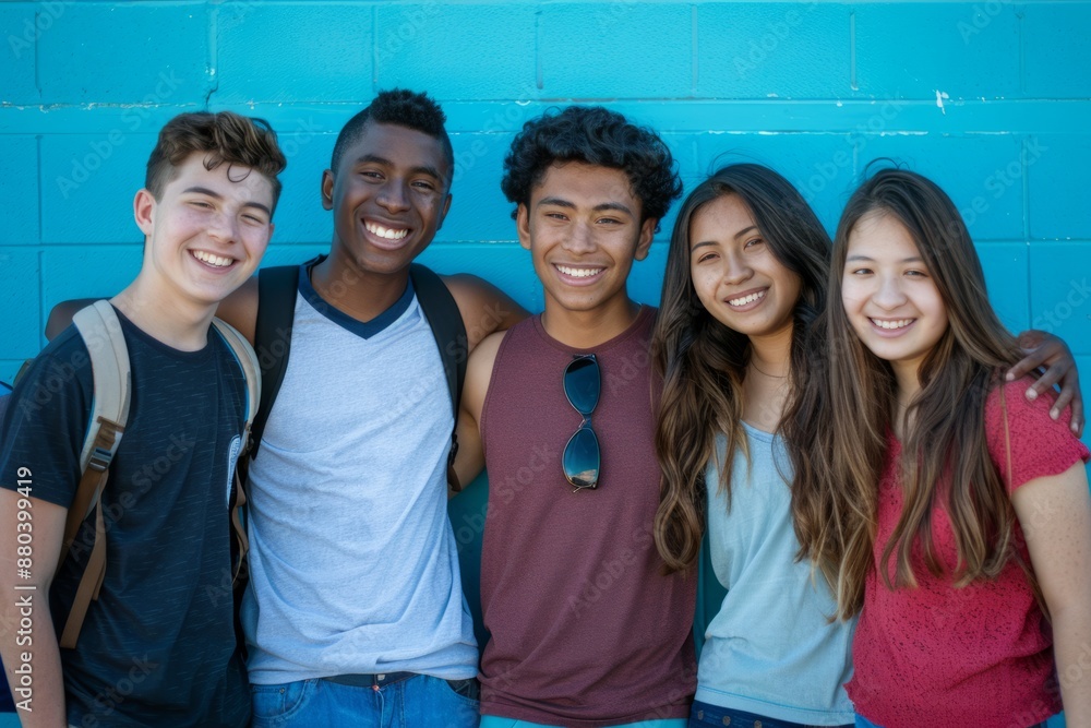 College students of different races stand together on a blue wall - a ...
