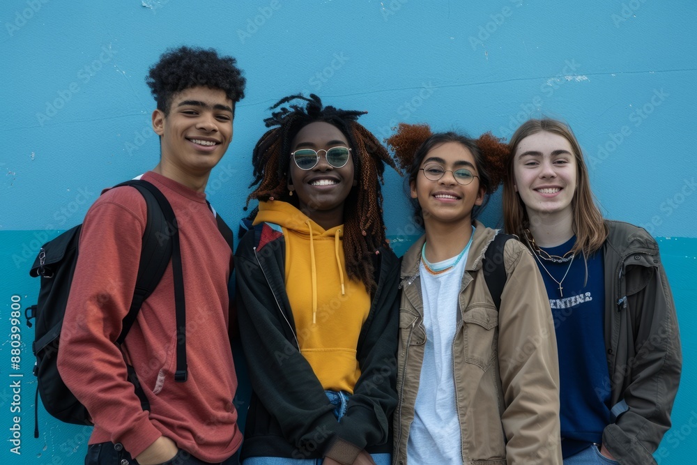 College students of different races stand together on a blue wall - a ...