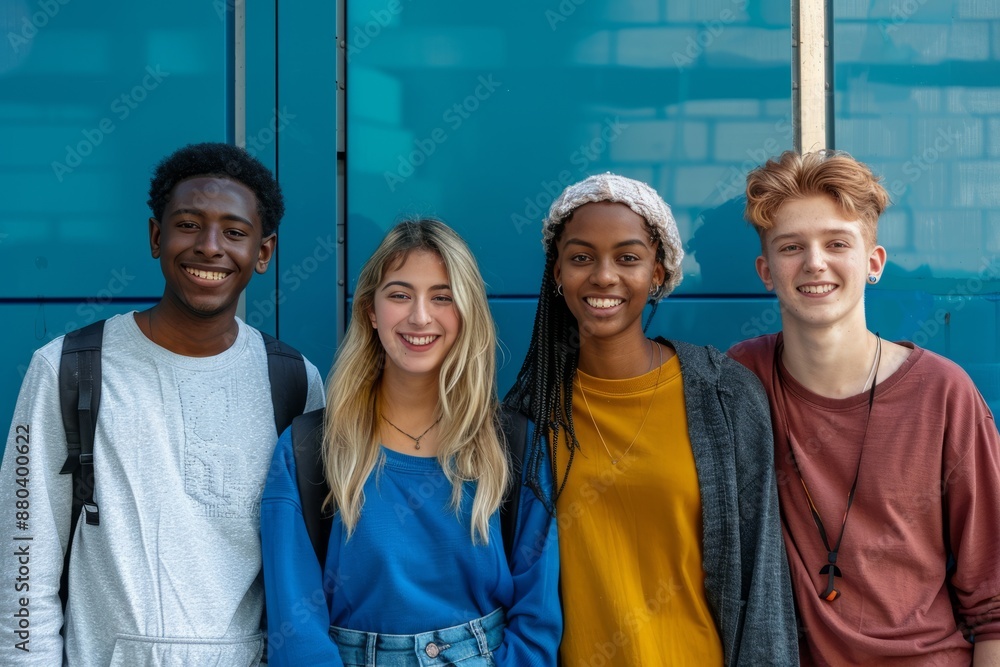 College students of different races stand together on a blue wall - a ...