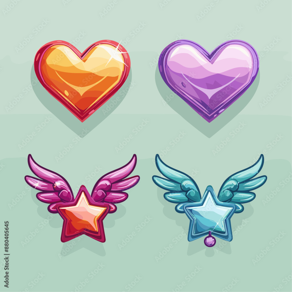 Shiny Cartoon Hearts and Stars with Wings. Game UI Design Elements ...