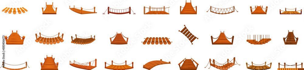 Rope bridge icons set. Set of various wooden bridges connecting land ...