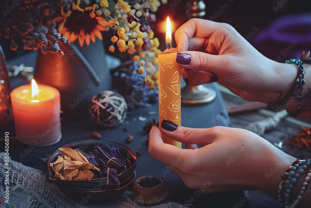 Wiccan witch carving symbols and sigils onto yellow gold color ...