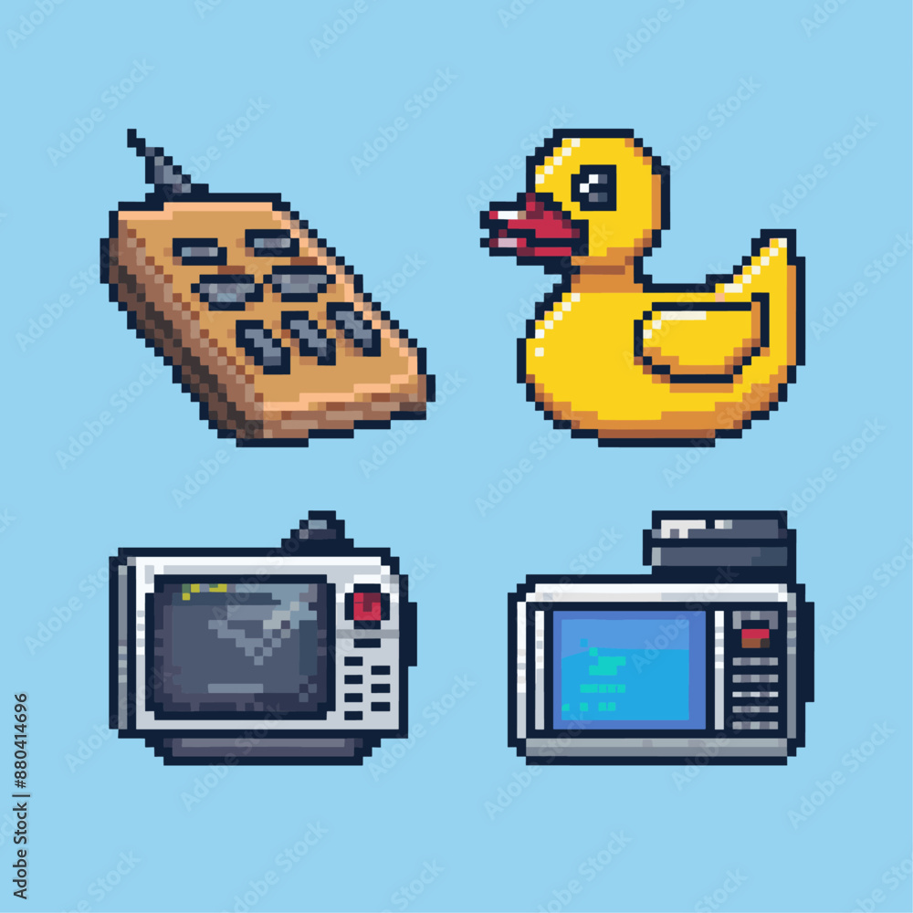 Pixel art set of retro 80s and 90s objects. a phone, a duck, TV, and a ...