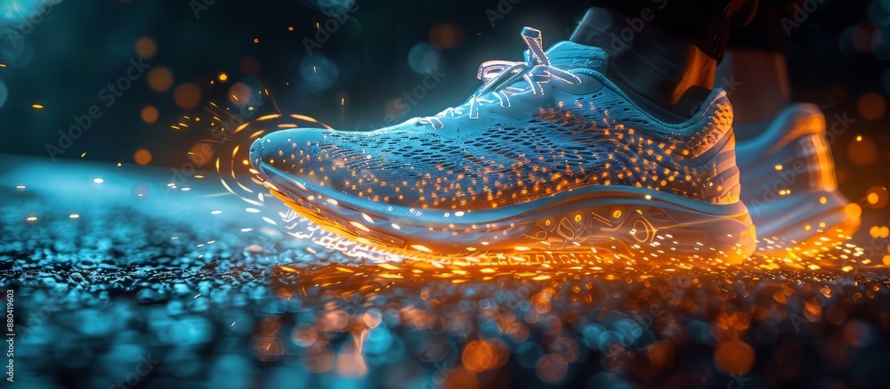 blue running shoe touching the wet pavement, with sparks and light ...