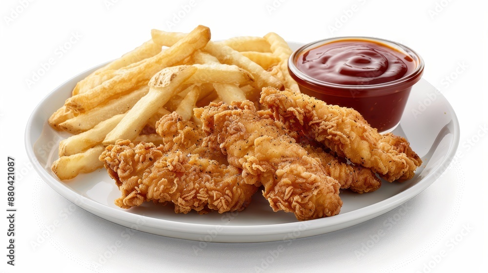 Crispy chicken tenders with fries and dipping sauce. Stock Photo ...