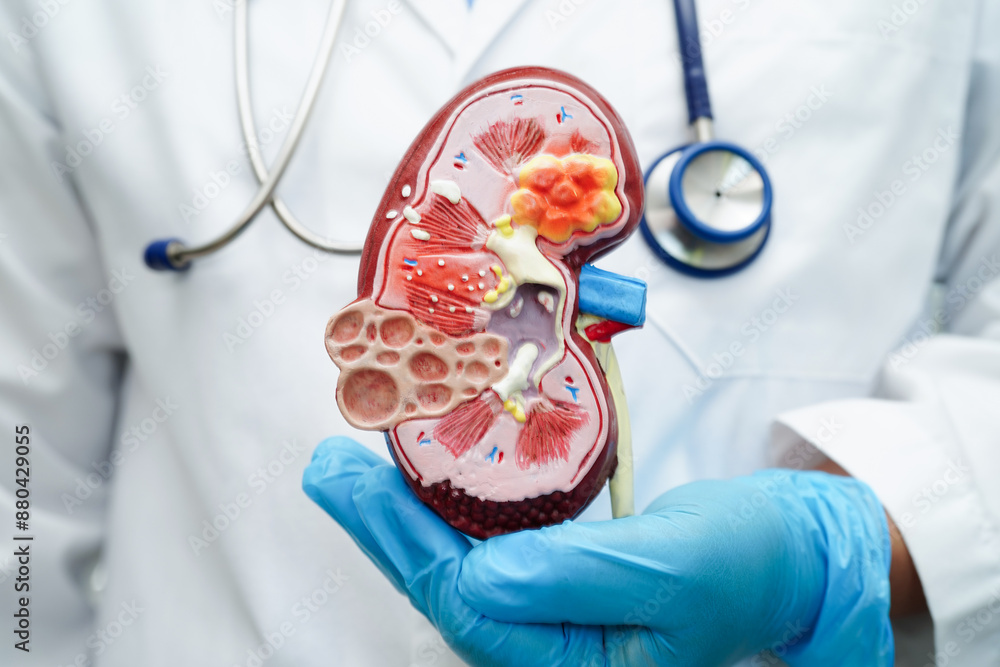 Chronic kidney disease, doctor with model for treatment urinary system ...