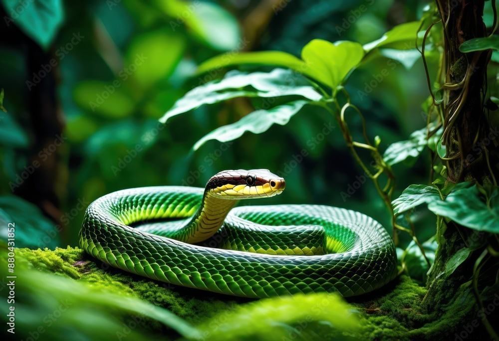 sinuous snake slithering among twisted vines lush green jungle ...