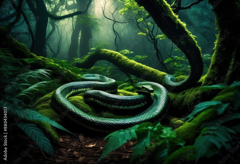 enchanted forest shadows conceal hidden snake slithering among trees ...
