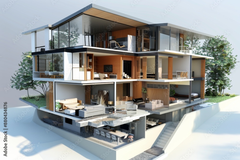 House interior with furniture in cut, Private mansion floors plan ...