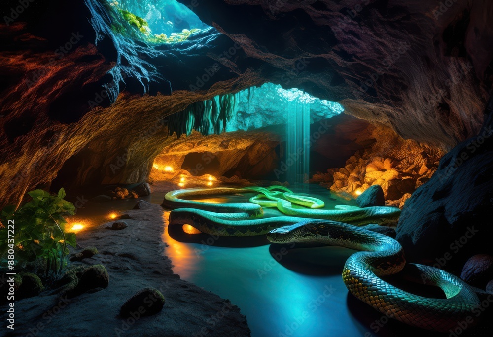 mystical cave serpentine snake winding through, reptile, underground ...
