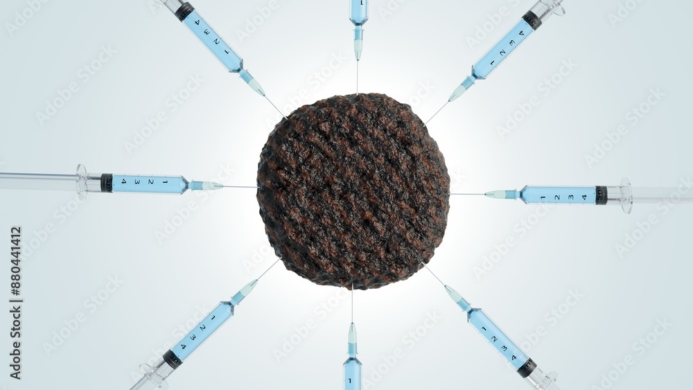 A 3D rendering depicts a raw beef patty undergoing injection with ...