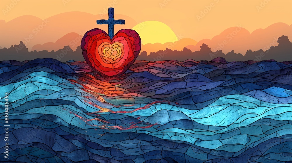 Christian faith and devotion symbolized through a continuous line ...