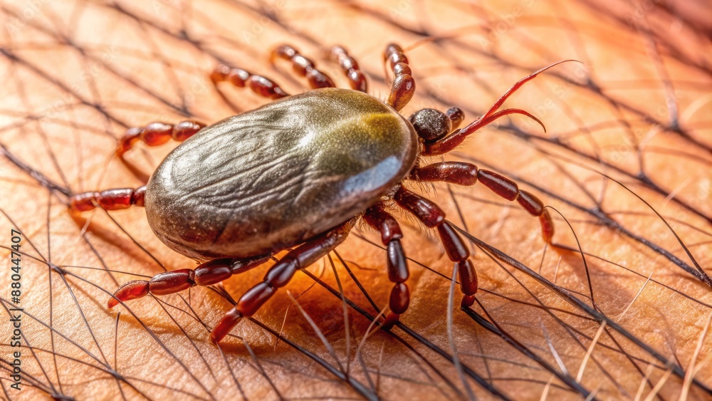 Close-up of a bloated tick embedded in inflamed human skin, its tiny ...