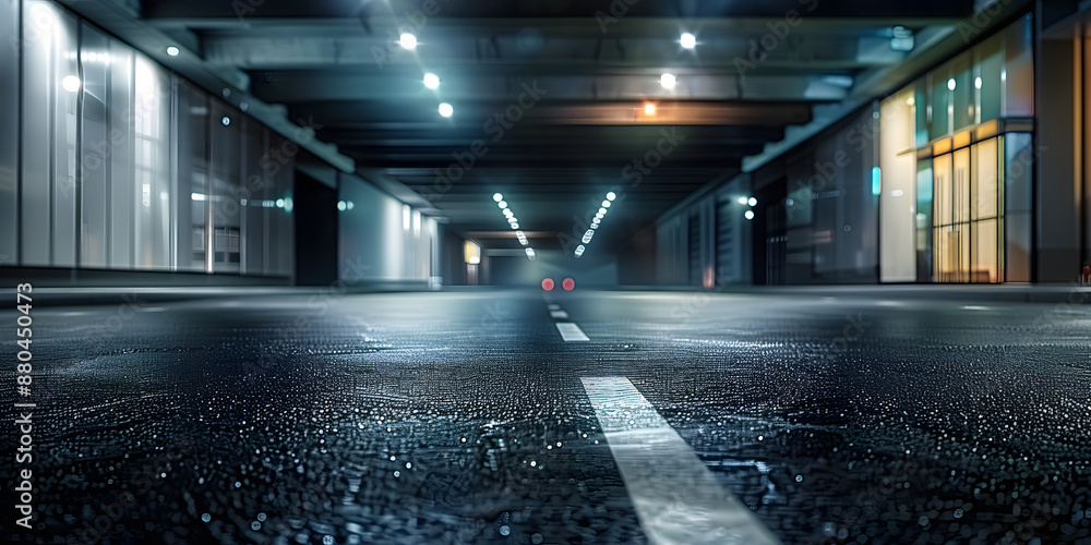 Dark empty street scene with black asphalt road leading to a blurred ...