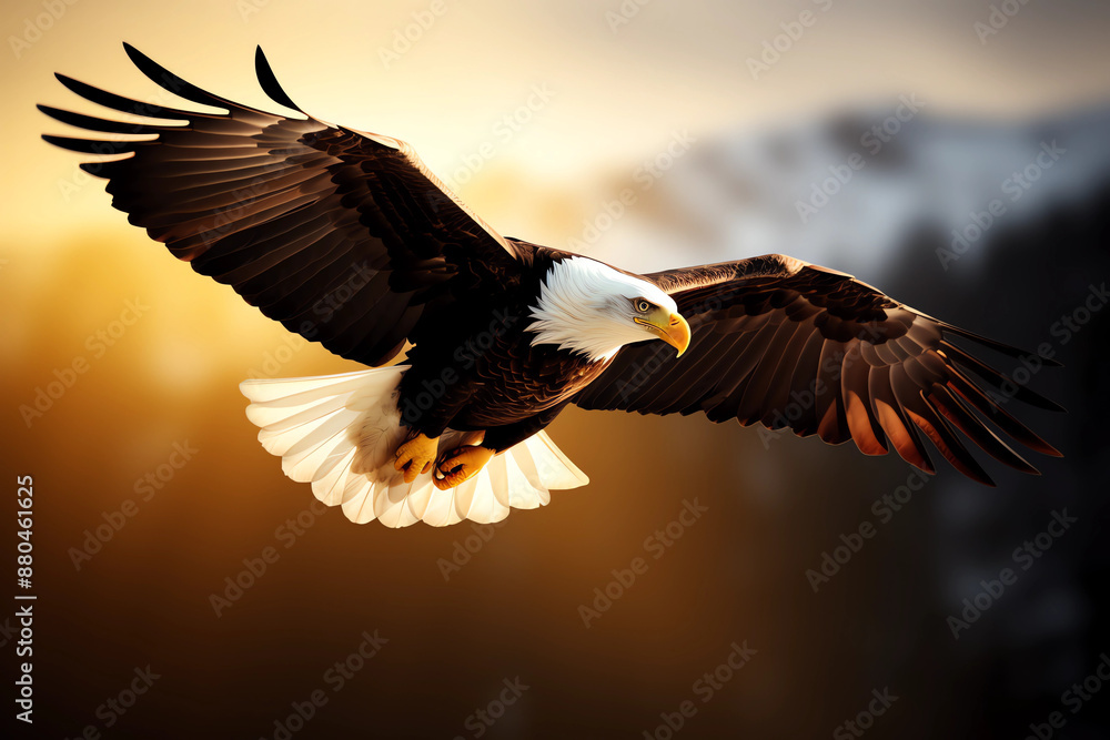 A majestic eagle soaring over a mountain range at dawn, wings spread ...
