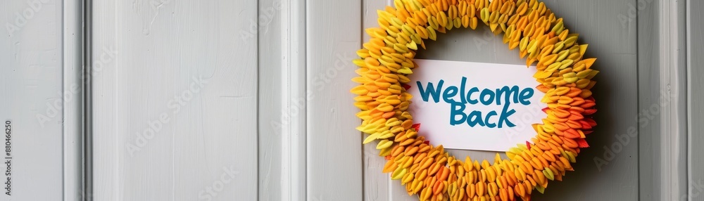 welcome back sign with yellow floral wreath on gray door. Stock Photo ...
