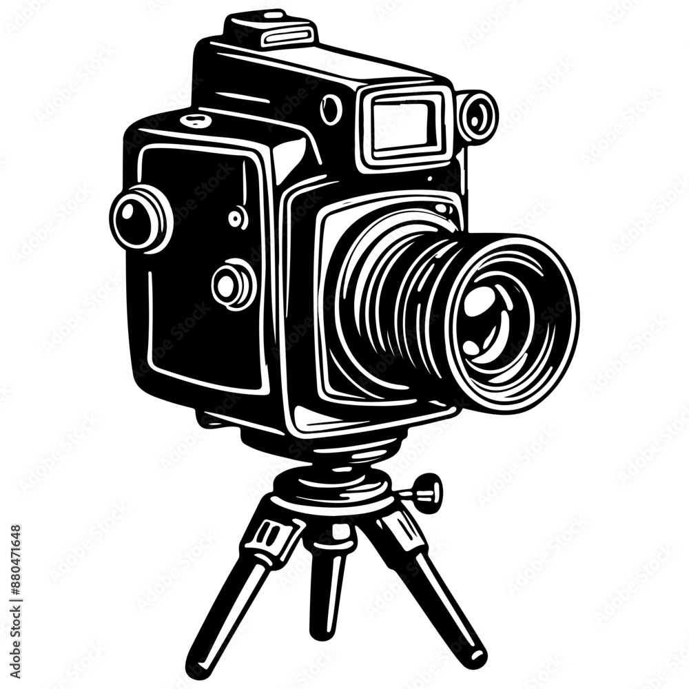 Realistic camera realistic, ink sketch of black silhouette outline ...