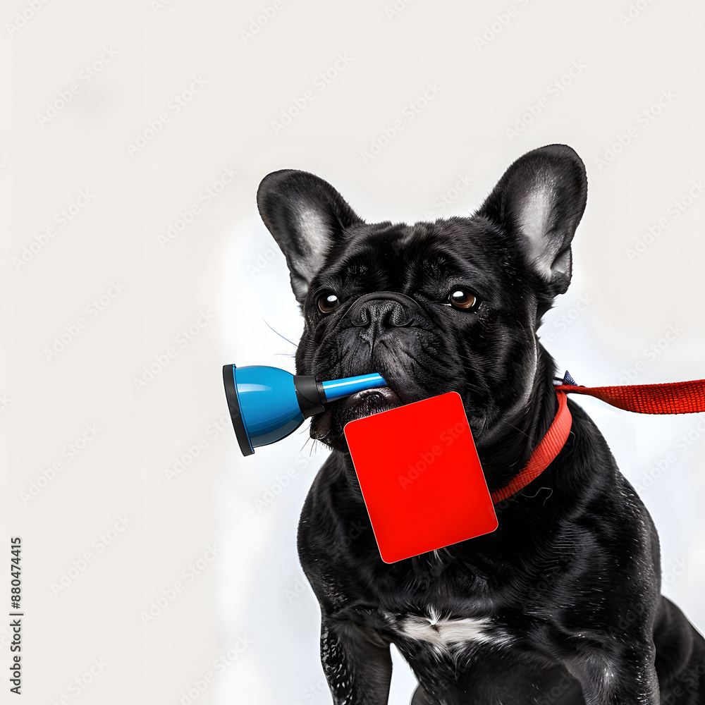 referee arbitrator umpire french bulldog dog blowing blue whistle in ...