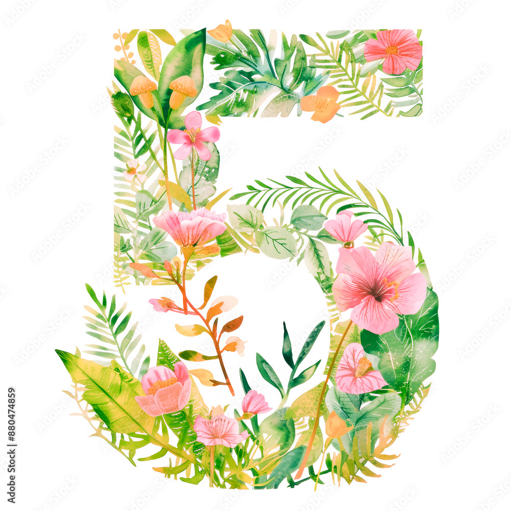 Watercolor Number Five with Nature Background. Teal and Gold Floral ...