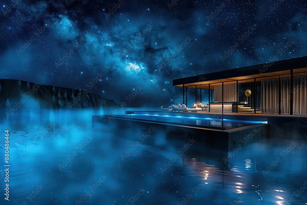 bioluminescent infinity pool merging with starry night sky floating glass villa ethereal mist ...