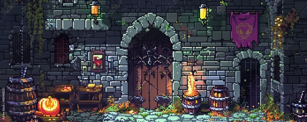 A pixel art rendition of a pixelated dungeon filled with pixelated ...