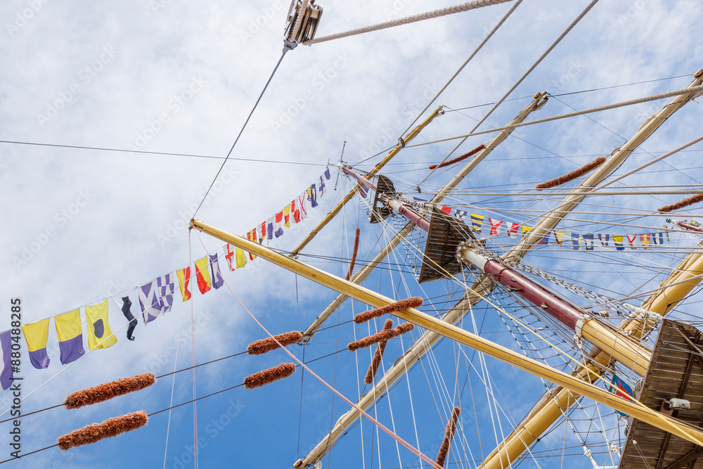 Sailing ship mast with flying nautical flags festival celebration ...