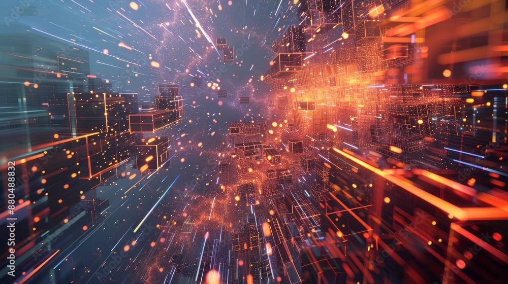 Digital construction concept with abstract geometric shapes, blueprints ...