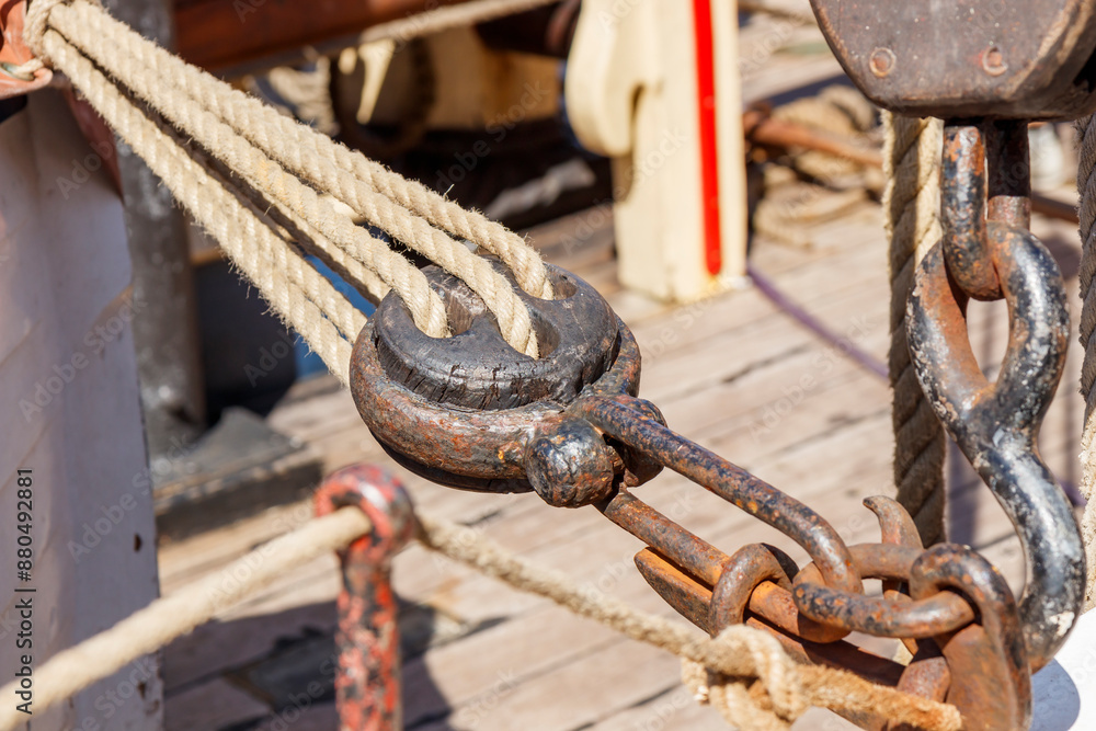 Sailing ship lines, pulleys and securing equipment tied down for the ...
