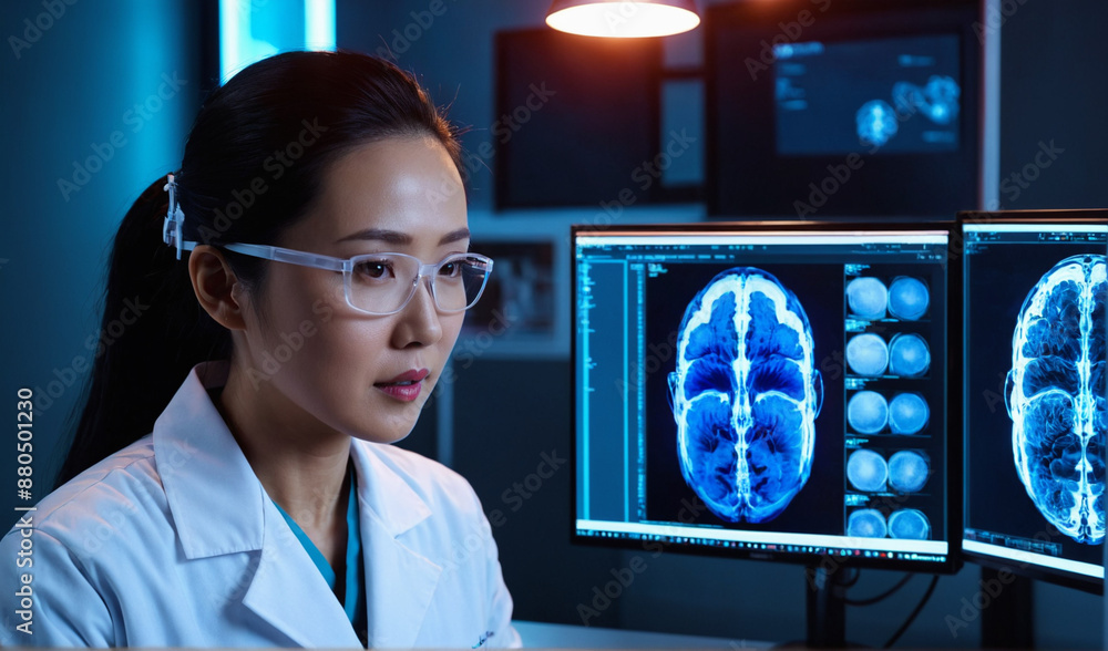 Foto de Neurologist examines an MRI and CT scan of a human brain on a ...