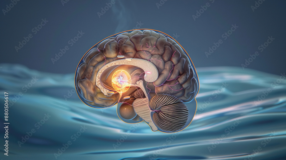 A hologram of a human brain. 3D rendering of a glowing brain. cross ...