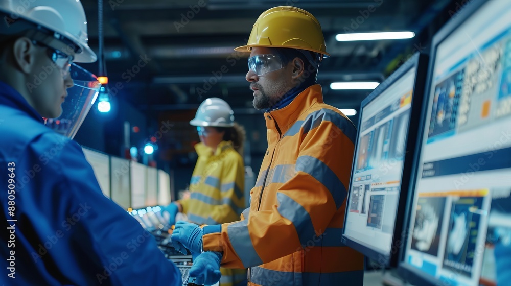 Operators controlling product line in modern factory with industry 4.0 ...