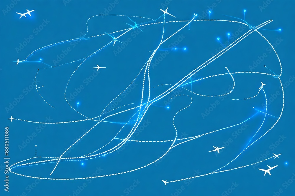 Airplane path in a dotted line shape. Blue Airplane line routes set ...