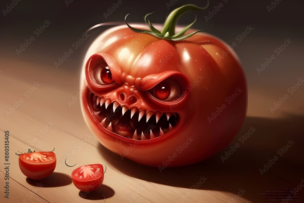 an illustration of a demonically possessed tomato, food, evil, Fiery, Sinister, Vicious, Creepy ...