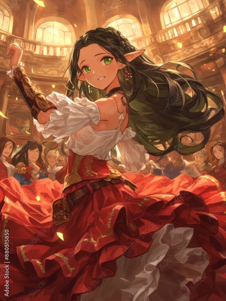 a spanish elf, wearing a red and white sevillana dress, carries a ...