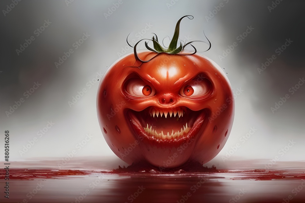 an illustration of a demonically possessed tomato, food, evil, Fiery ...