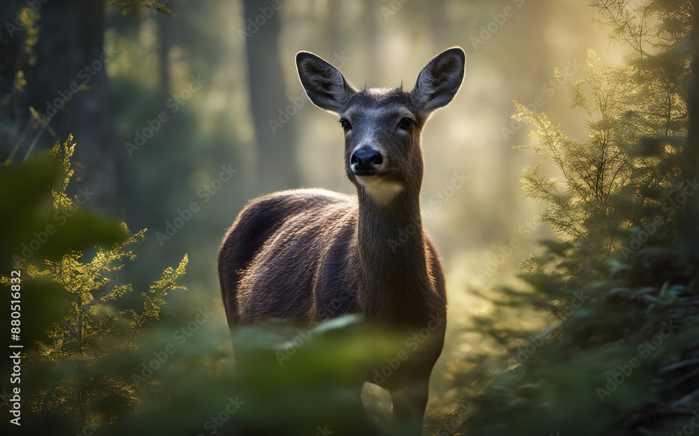 Musk deer shyly peeking through dense Himalayan underbrush, its ...