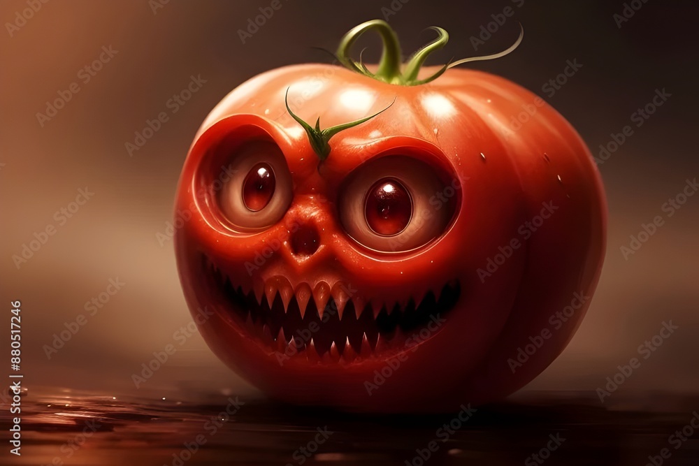 an illustration of a demonically possessed tomato, food, evil, Fiery ...
