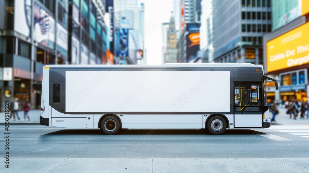 Realistic city bus featuring a blank advertising space, parked on a ...