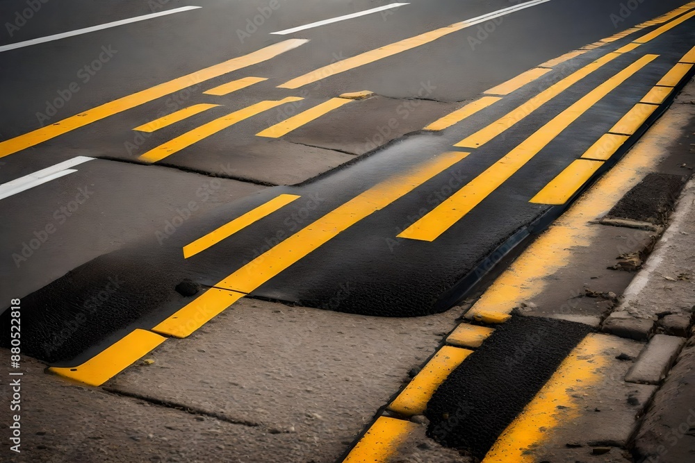 Traffic safety speed bump on an asphalt road in a parking area. Speed ...