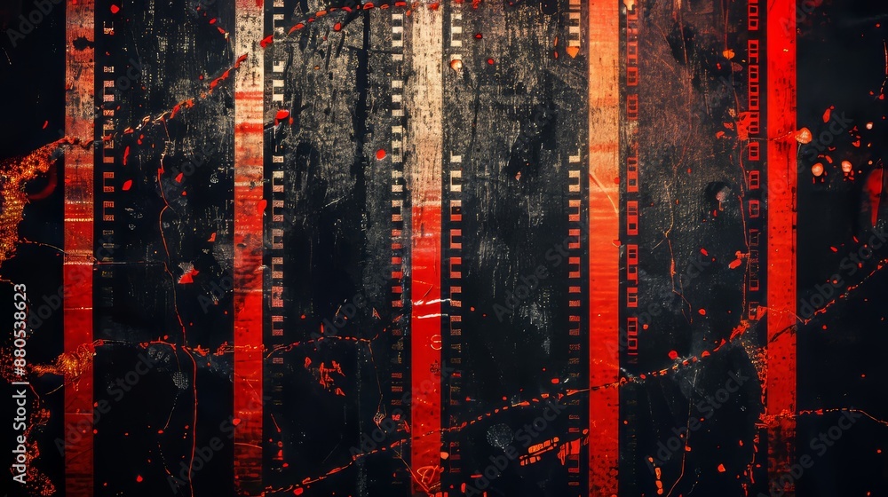 A black film stripe background with red light leaks and broken color ...