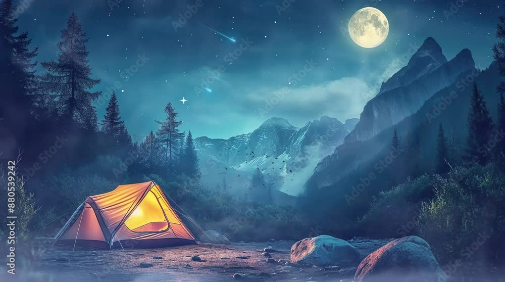 Camping tent set up in a valley with a majestic mountain backdrop under ...