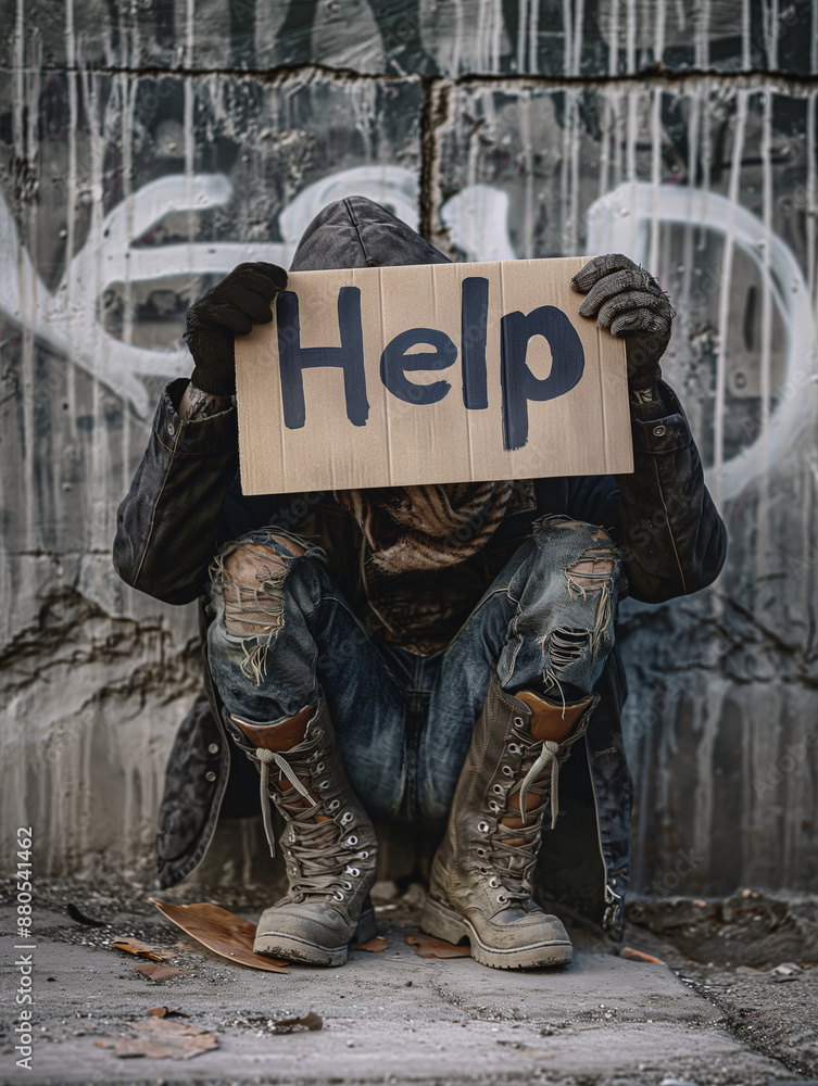 poignant scene featuring a person crouching against a rough, concrete ...