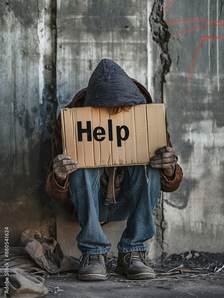 poignant scene featuring a person crouching against a rough, concrete ...