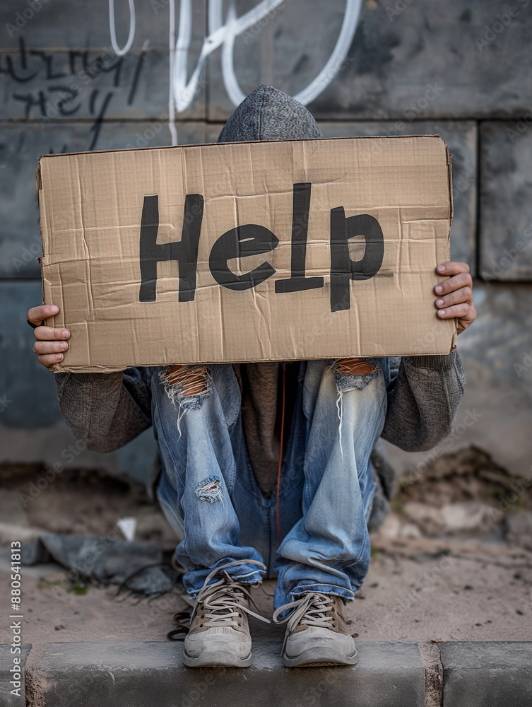 poignant scene featuring a person crouching against a rough, concrete ...