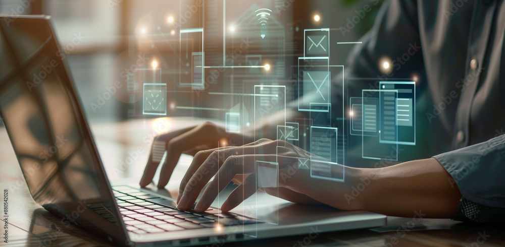 Businessman uses laptop, digital interface displays data and ...